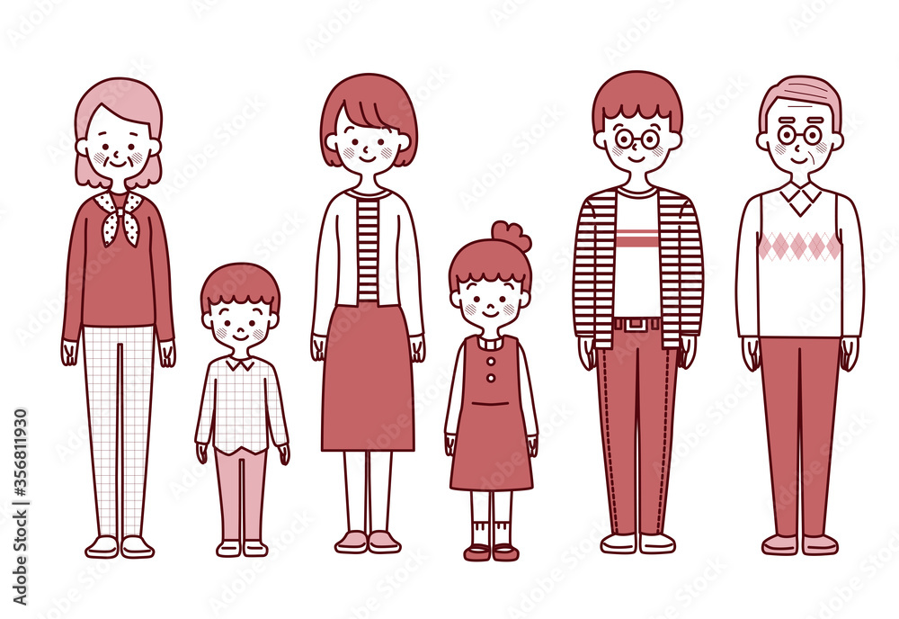 line drawing of a smiling three-generation family standing side by side ...