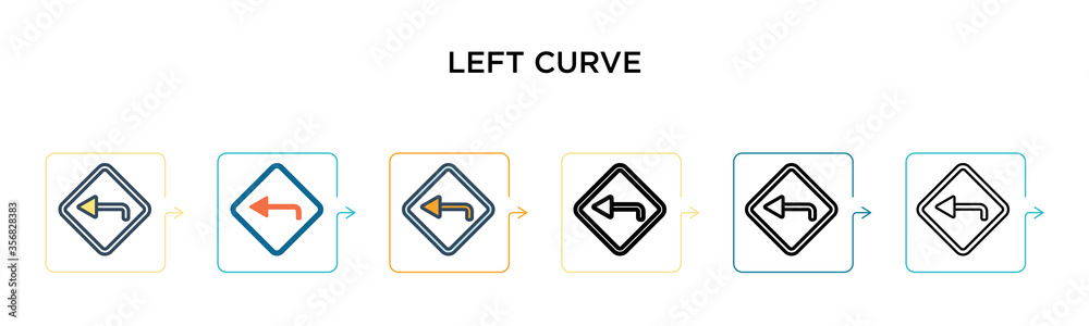 Left curve sign vector icon in 6 different modern styles. Black, two ...