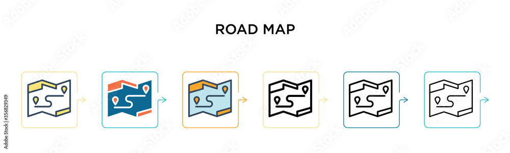 Road map vector icon in 6 different modern styles. Black, two colored ...