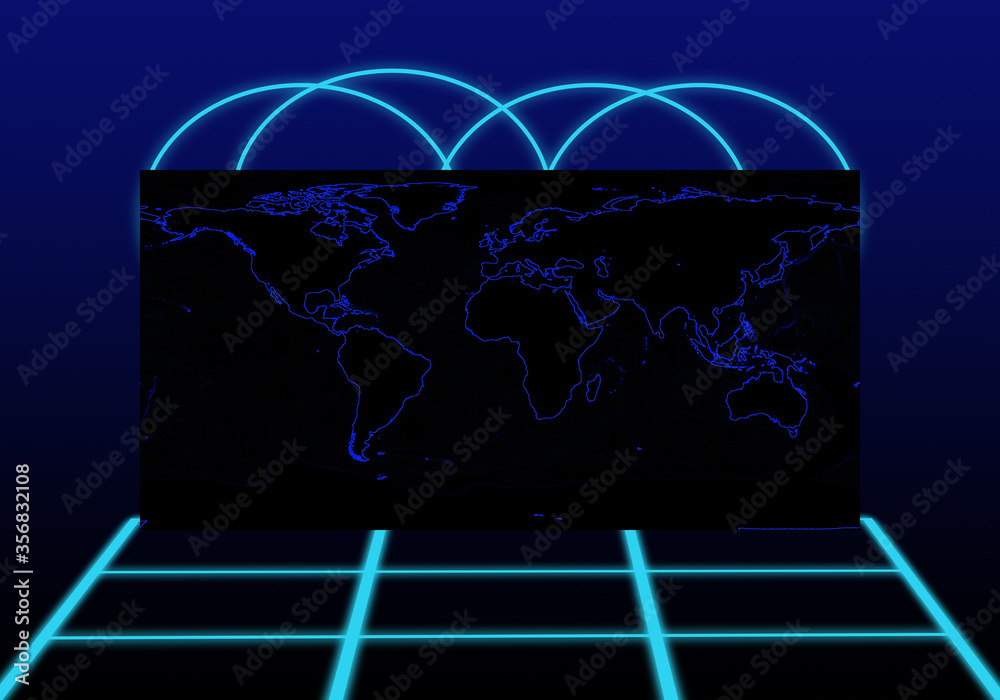 dark world map blue line and circle blue line on gradient background ...