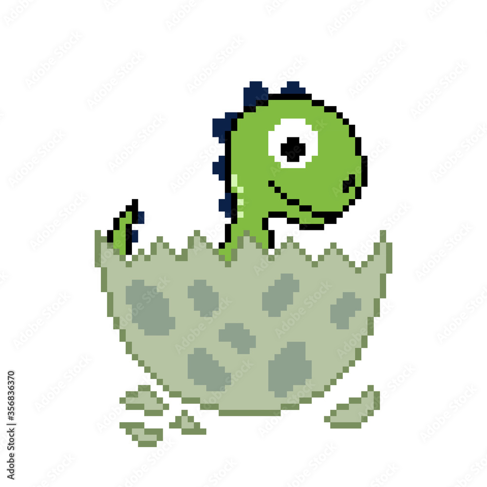Dino on egg. 8 bit Pixel dinosaur image. Animal in Vector Illustration ...