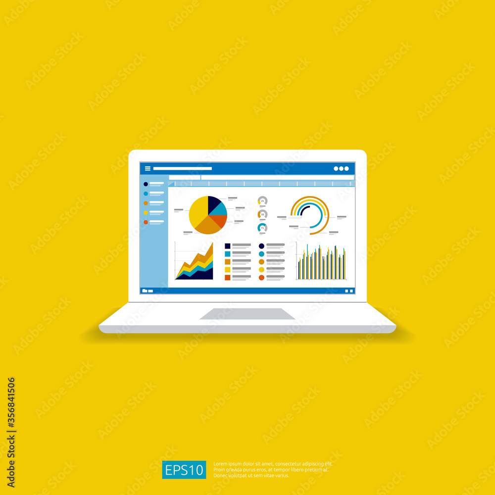 Web statistics analytic charts on laptop screen icon. Flat vector ...