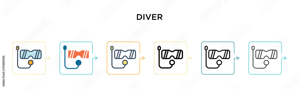 Diver vector icon in 6 different modern styles. Black, two colored ...