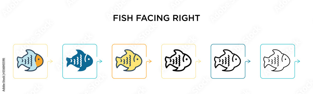 Fish facing right vector icon in 6 different modern styles. Black, two ...