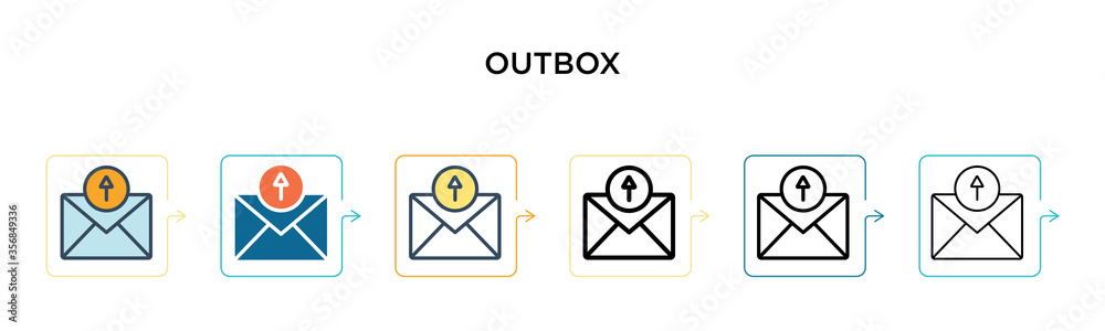 Outbox vector icon in 6 different modern styles. Black, two colored outbox icons designed in ...