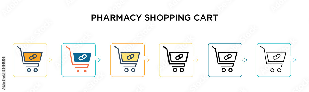 Pharmacy shopping cart vector icon in 6 different modern styles. Black ...