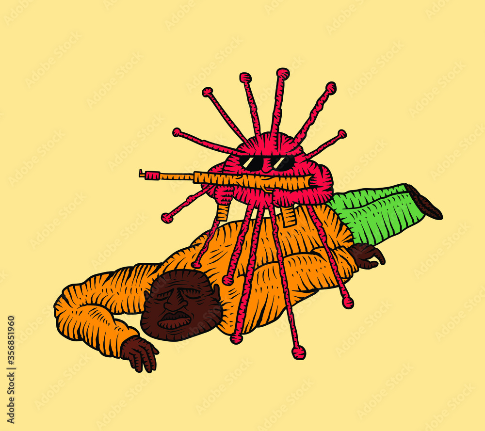 Coronavirus with a machine gun strangles an African-American. Cartoon ...