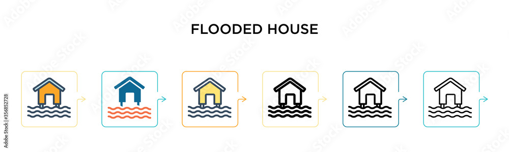 Flooded house vector icon in 6 different modern styles. Black, two ...