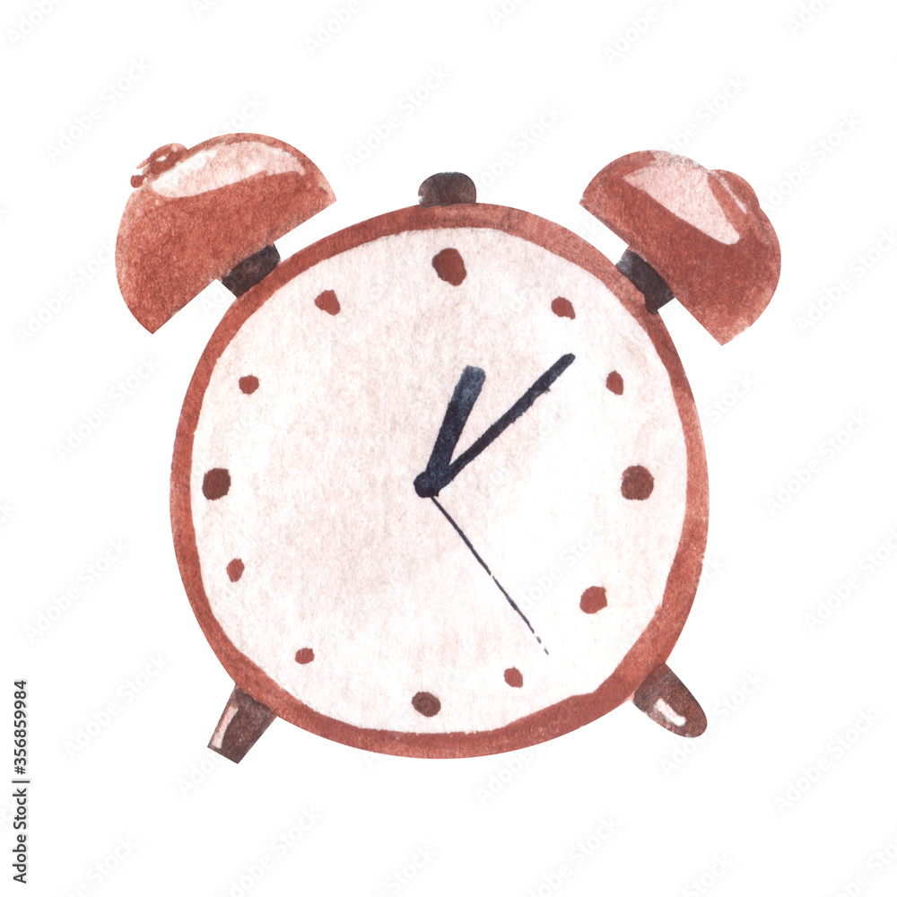 Watercolor sketch of brown round alarm clock showing seven minutes past ...
