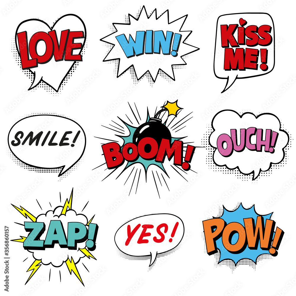 Comic speech bubbles with exclamations. Superhero book bubbles. Comic ...