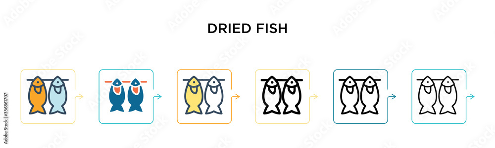 Dried fish vector icon in 6 different modern styles. Black, two colored ...