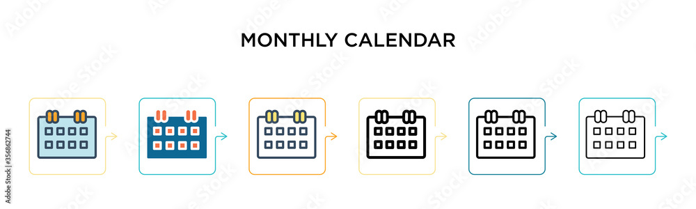Monthly calendar vector icon in 6 different modern styles. Black, two ...