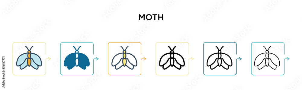 Moth vector icon in 6 different modern styles. Black, two colored moth ...