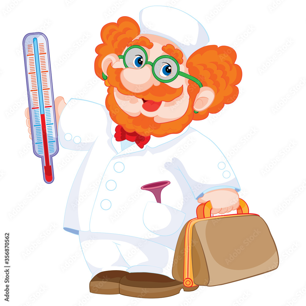 cute doctor with red hair and a large thermometer in his hands is ready ...