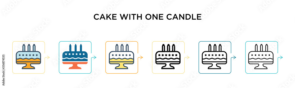 Cake with one candle vector icon in 6 different modern styles. Black ...