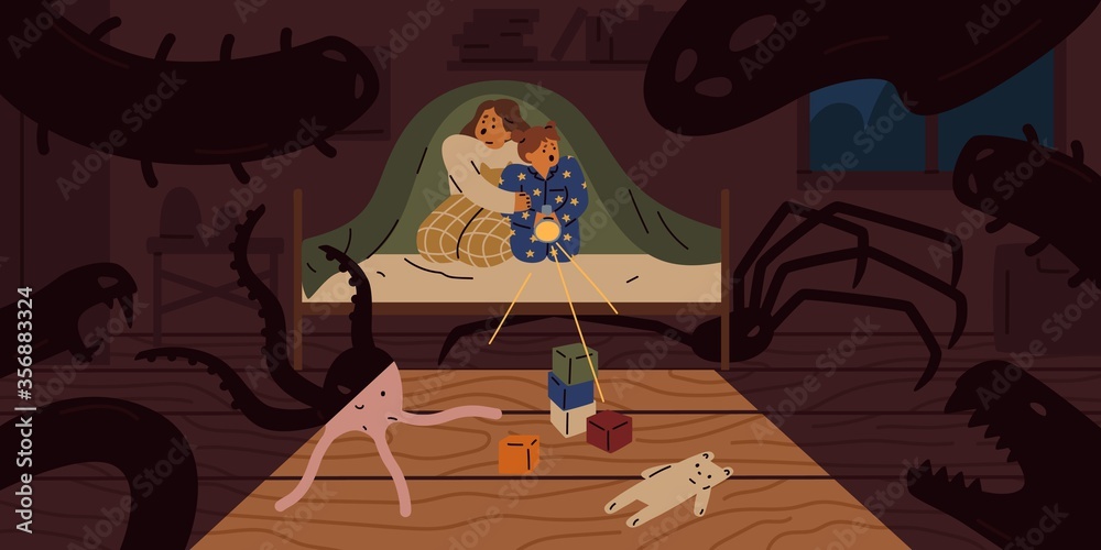 Scared children sit on bed under blanket with flashlight vector flat ...