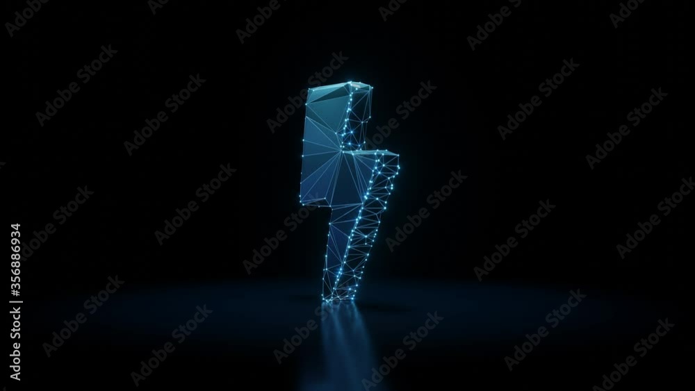 3d rendering seamless loop 4k rotation wireframe neon glowing symbol of bolt of lightning with ...