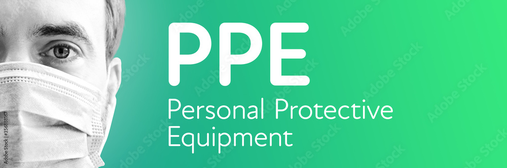 Personal Protective Equipment (PPE). Portrait of man with face mask ...