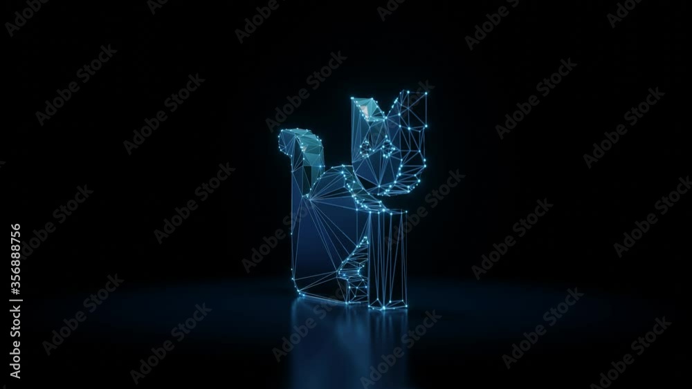 3d rendering seamless loop 4k rotation wireframe neon glowing symbol of cat with shining dots on ...