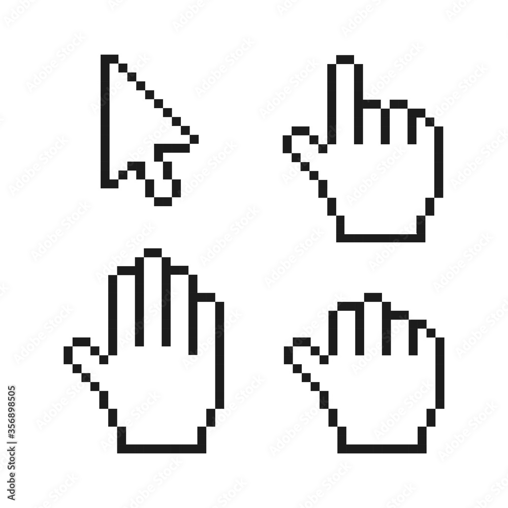 Pixel Cursors Set, cursor arrow, hand cursor. Computer mouse pointer ...