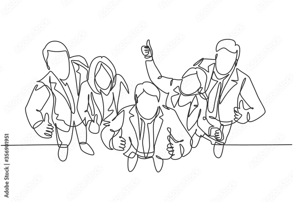 Single line drawing group of line up young businessmen and ...