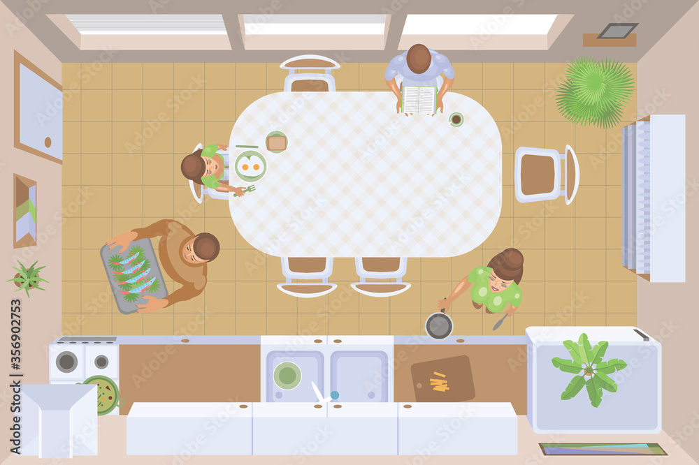 Isolated Vector Illustration. Family in the kitchen. (view from above ...
