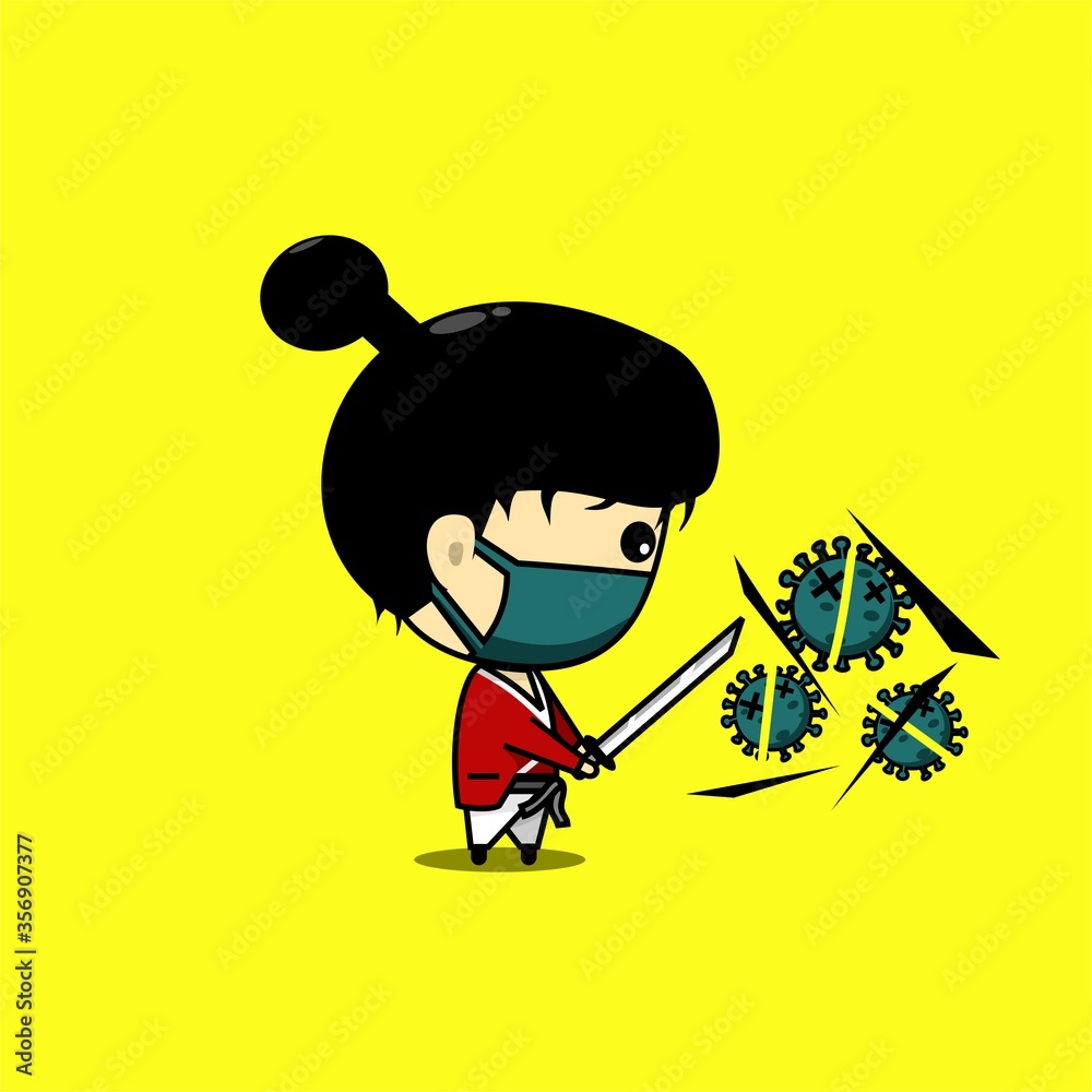 Cute samurai character wearing medical mask cut virus using a sword or ...