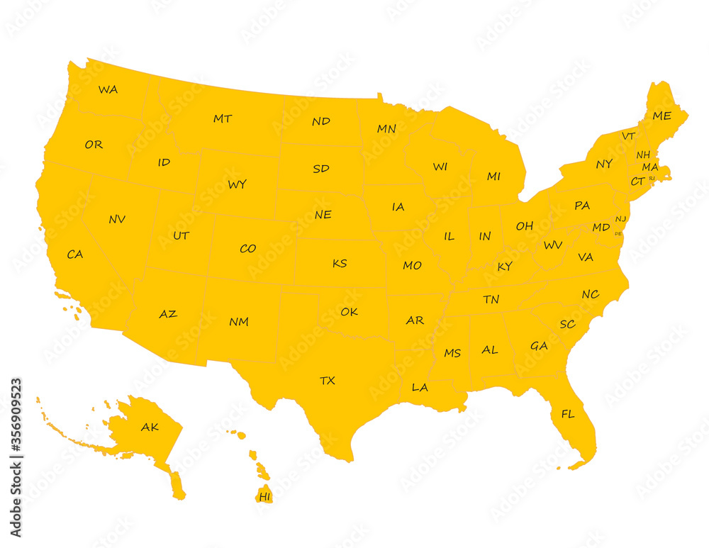 Vivid Yellow United States Of America Map With Labels On White ...