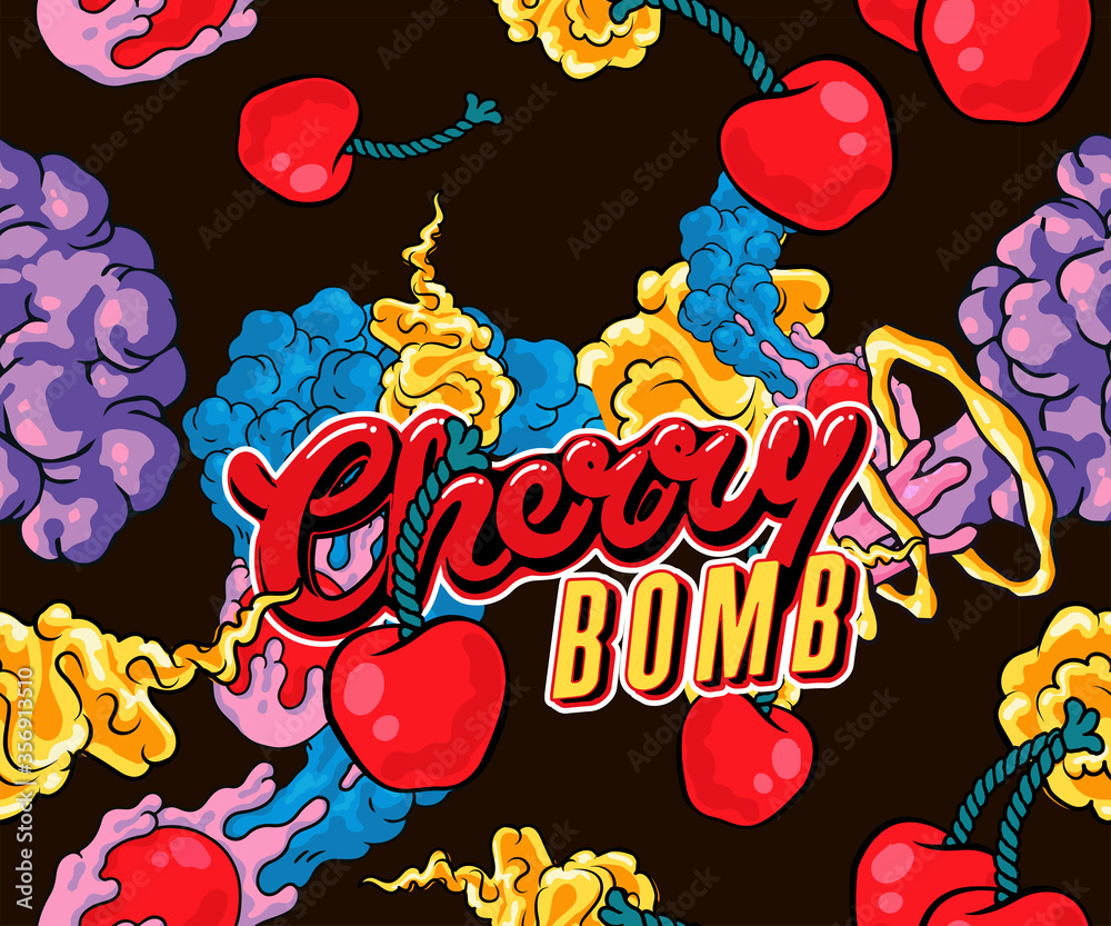 cherry-bomb seamless pattern, hand-drawn comic book style cartoon ...