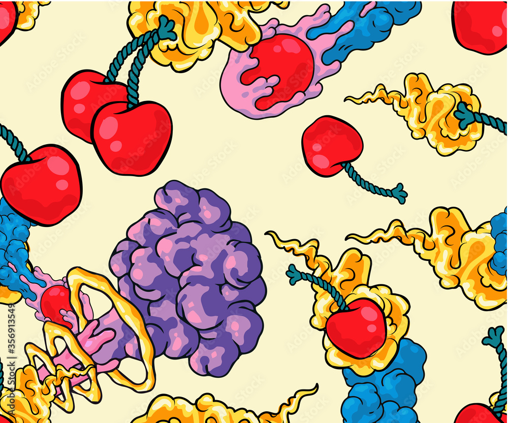 cherry-bomb seamless pattern, hand-drawn comic book style cartoon ...