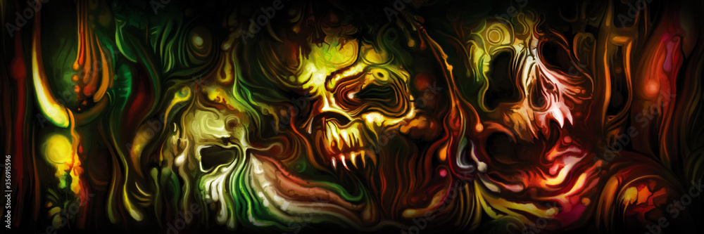 Bizarre horror banner/ Illustration nightmare background with monster ...