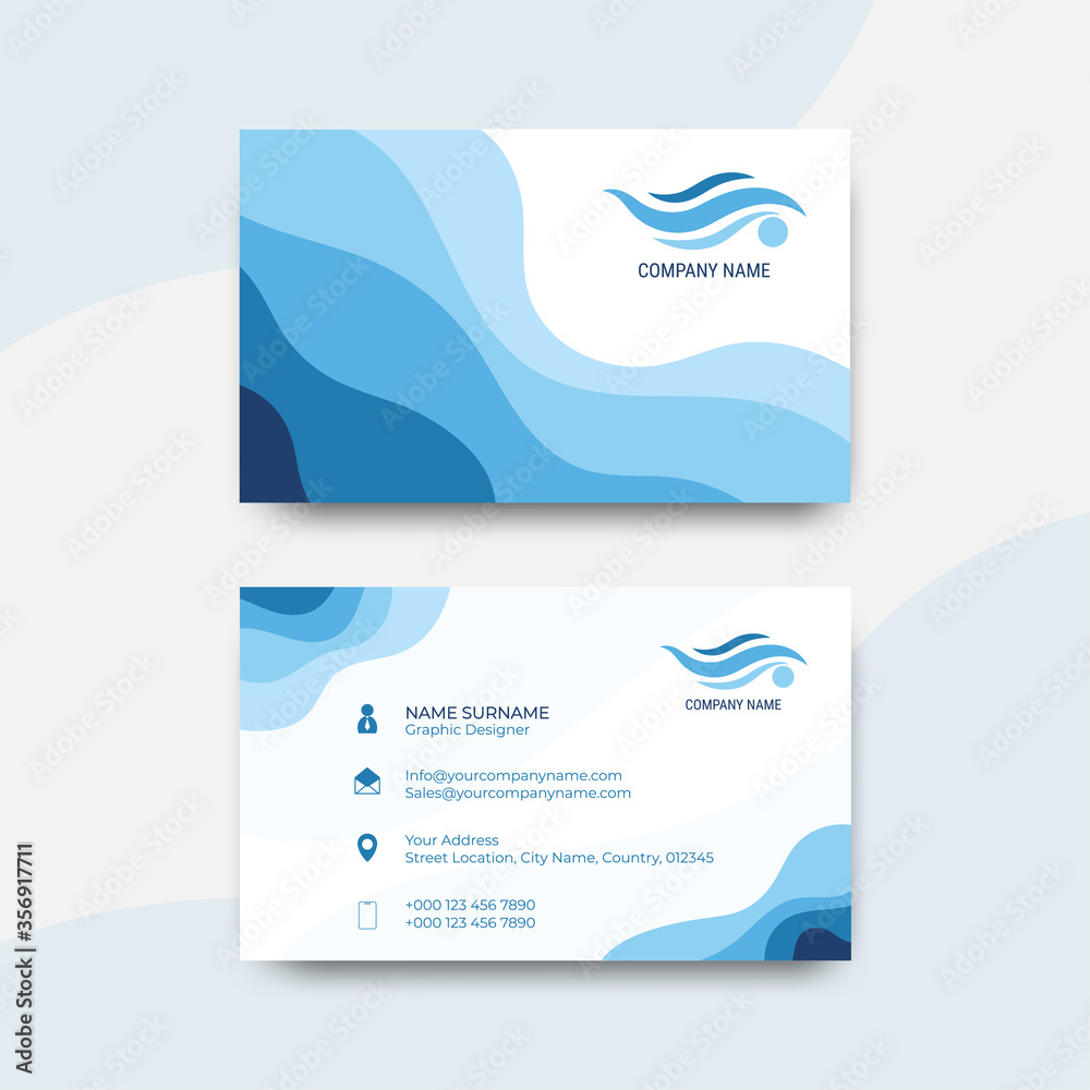 Blue wave modern color layer flat style business name card clean ...
