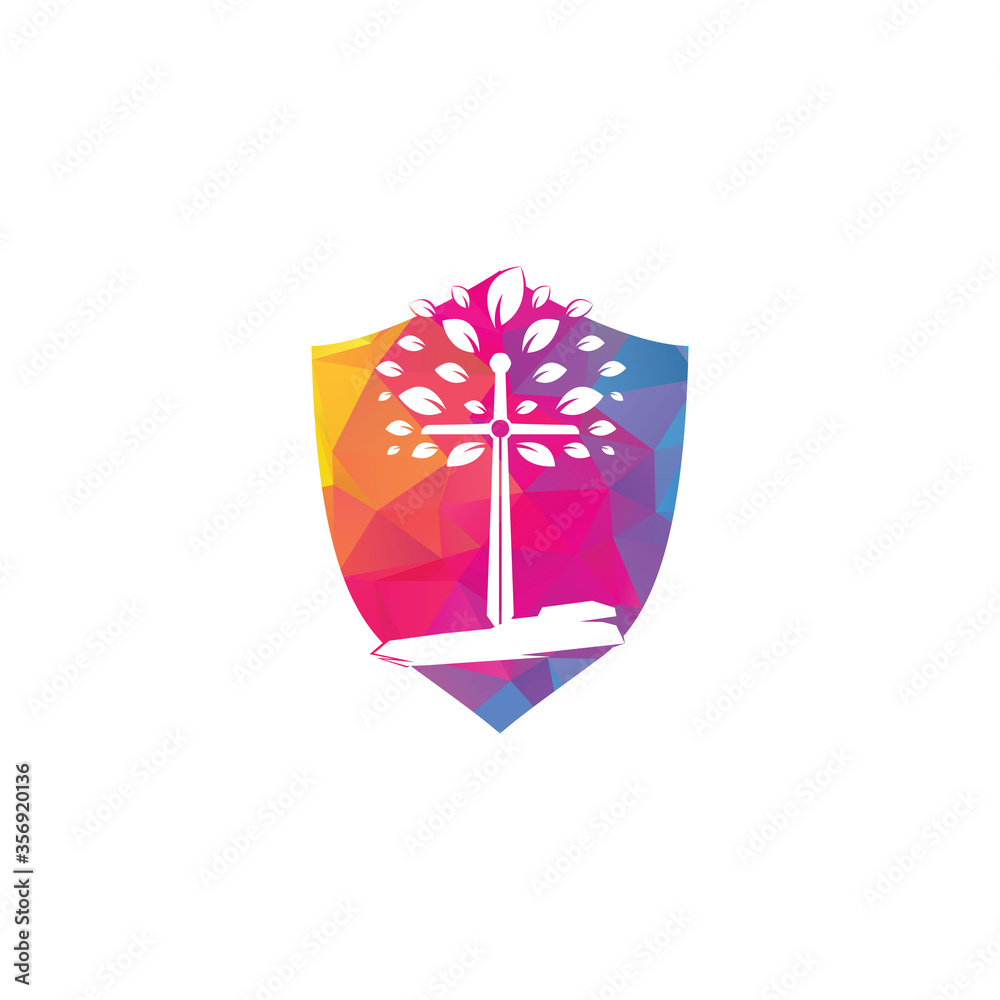 Church shield shape concept logo. Christian church cross praying tree ...