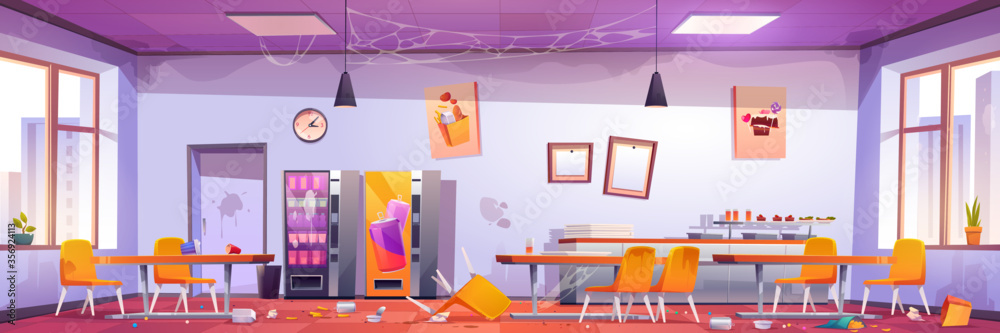 Abandoned school cafe, crashed university canteen, dirty dining room ...