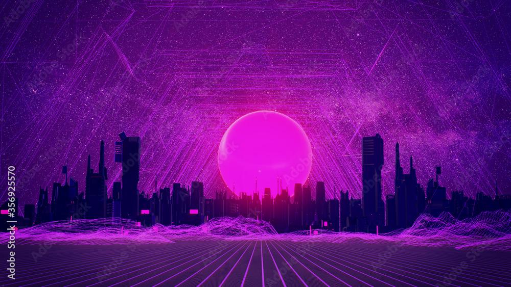 RETRO CITY SKYLINE: Neon glowing sun and starry sky /Synthwave ...