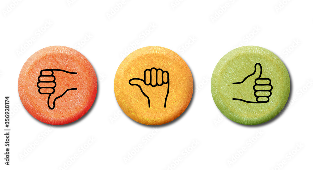 Buttons made of wood with hand expressions: thumb up, thumb down and ...