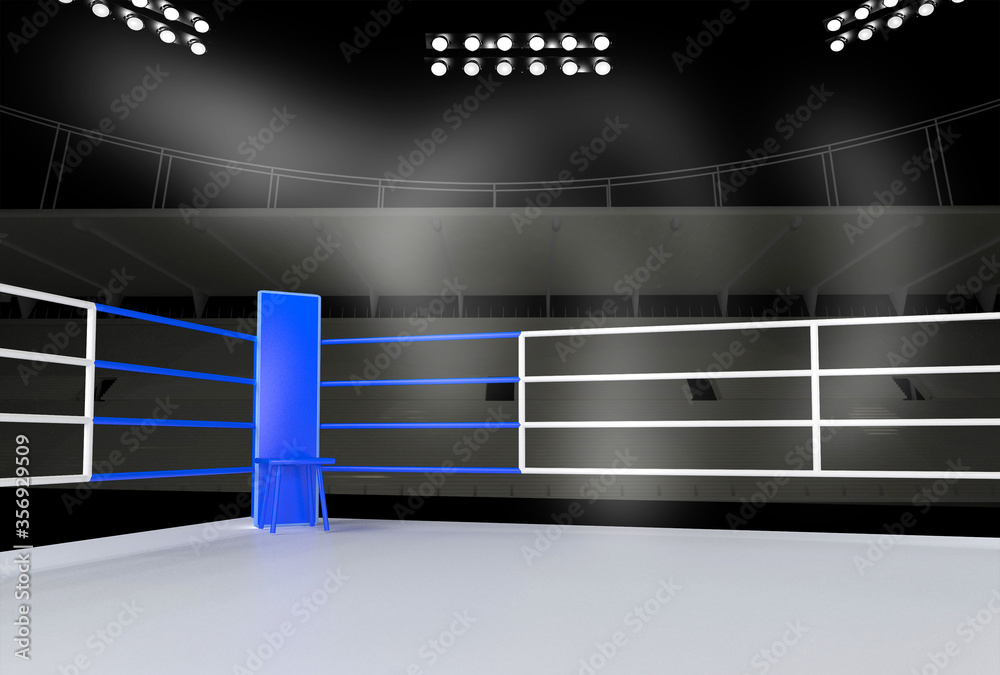 Blue corner of boxing stage, empty arena with spotlight, Sport ...