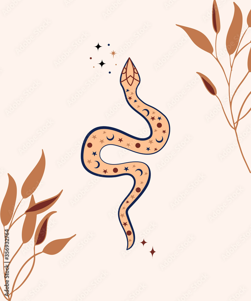 Mystical serpent with moon,sun and star elements. Magic feminist symbol ...
