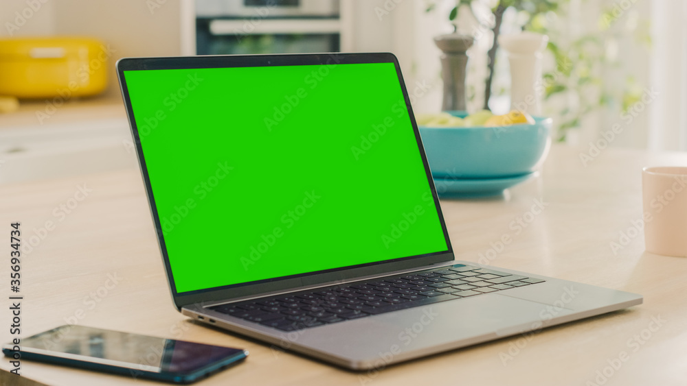 Close Up Green Screen Mock Up on a Laptop Computer. Device is Used on a ...
