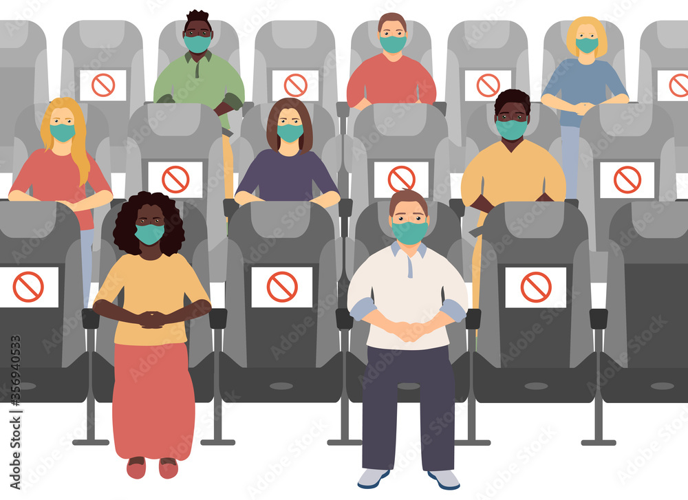 Social distance in the cinema. People keep distance, sit through one ...