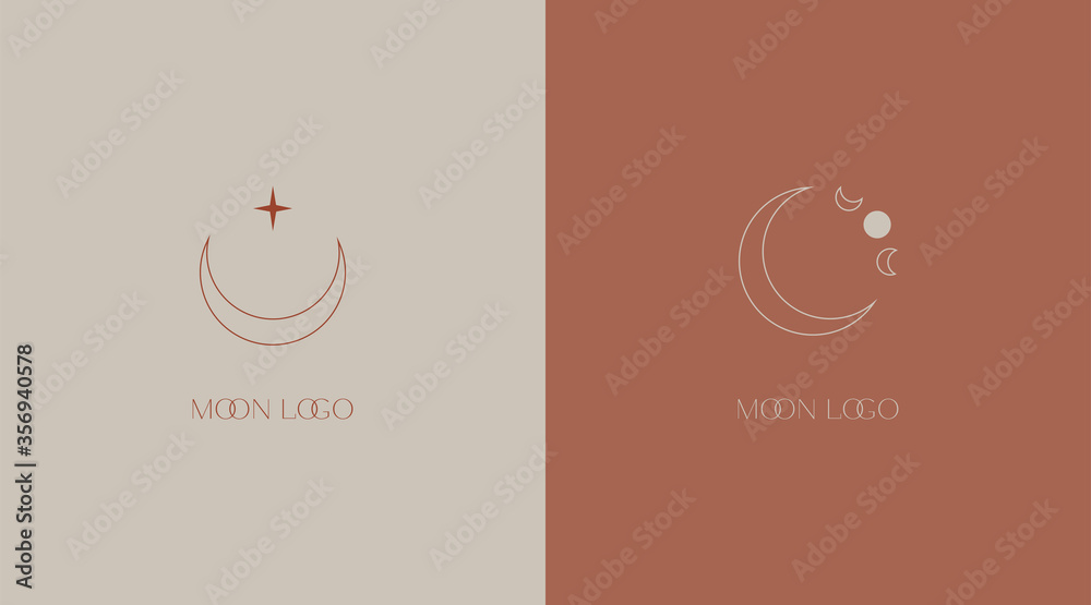 Delicate linear logos depicting the moon. Vector illustration in gentle ...