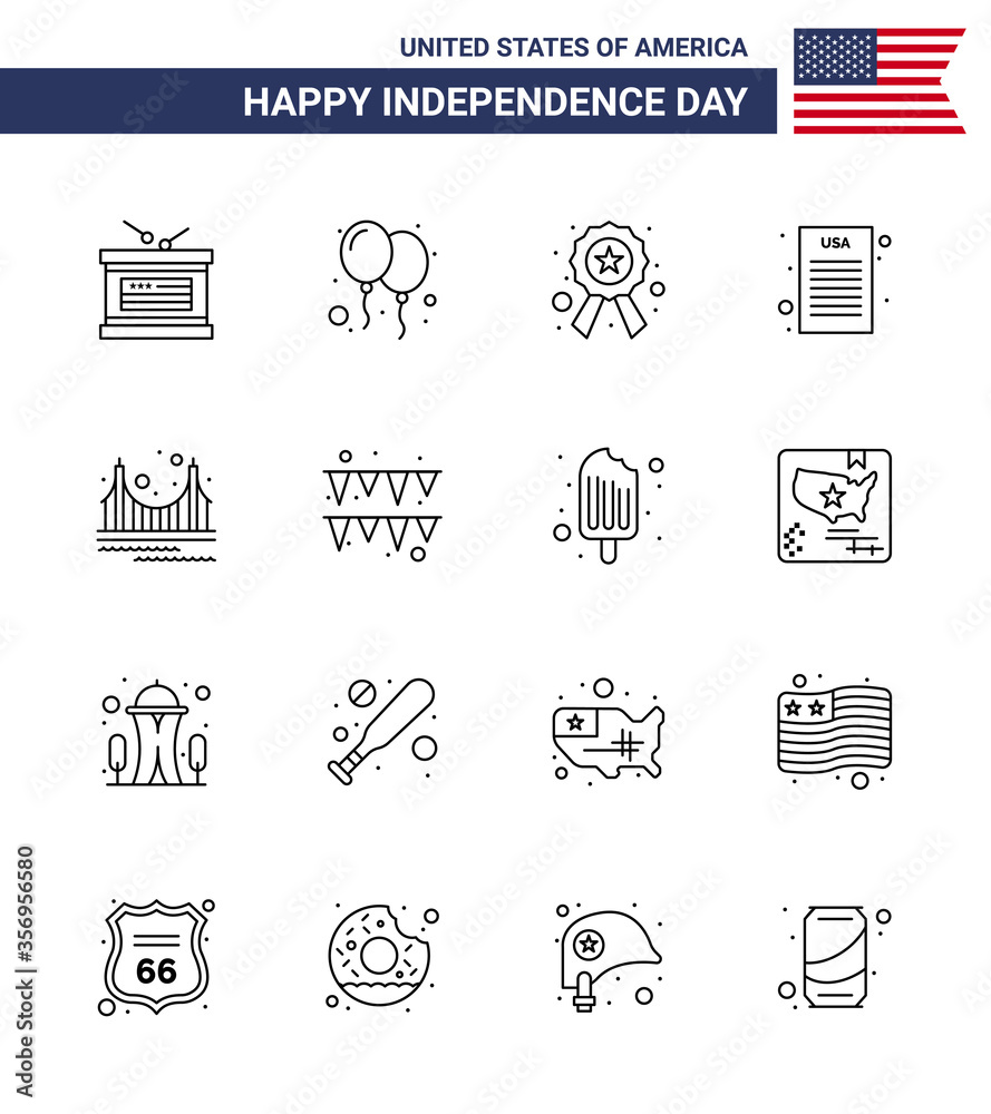 16 USA Line Pack of Independence Day Signs and Symbols of golden ...