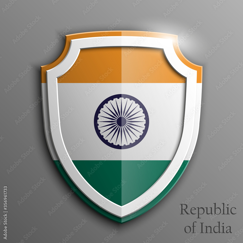 Republic of India Flag on a Shiny Shield, Illustration isolate on Grey ...