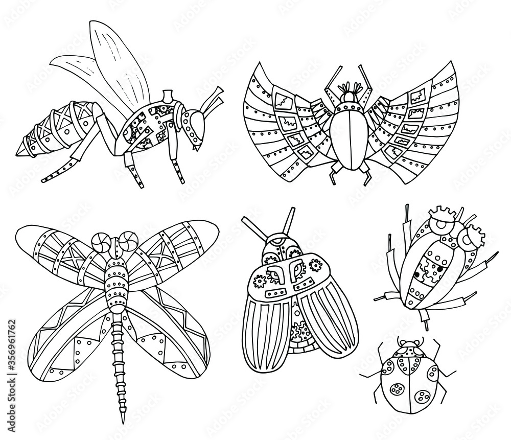 Set of vector illustrations of insects drawn in the steampunk style ...