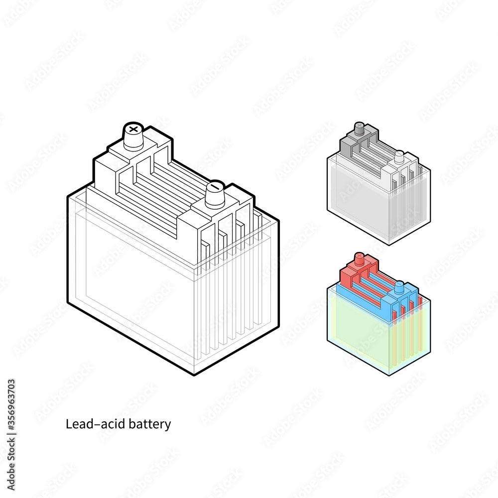 Lead–acid energy battery principle construction layout. Isometric ...