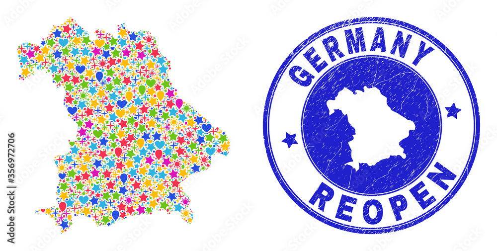 Celebrating Germany map collage and reopening textured stamp. Vector ...