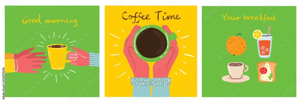 Set of breakfast food cards with hand written text, vector illustration ...