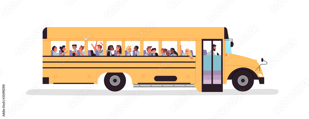 Diverse children group inside schoolbus for back to school concept or ...