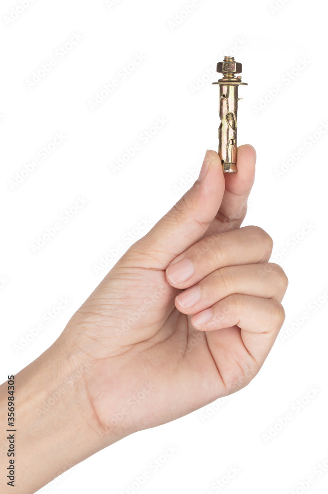 hand holding Sleeve anchor bolt isolated on white background Stock ...