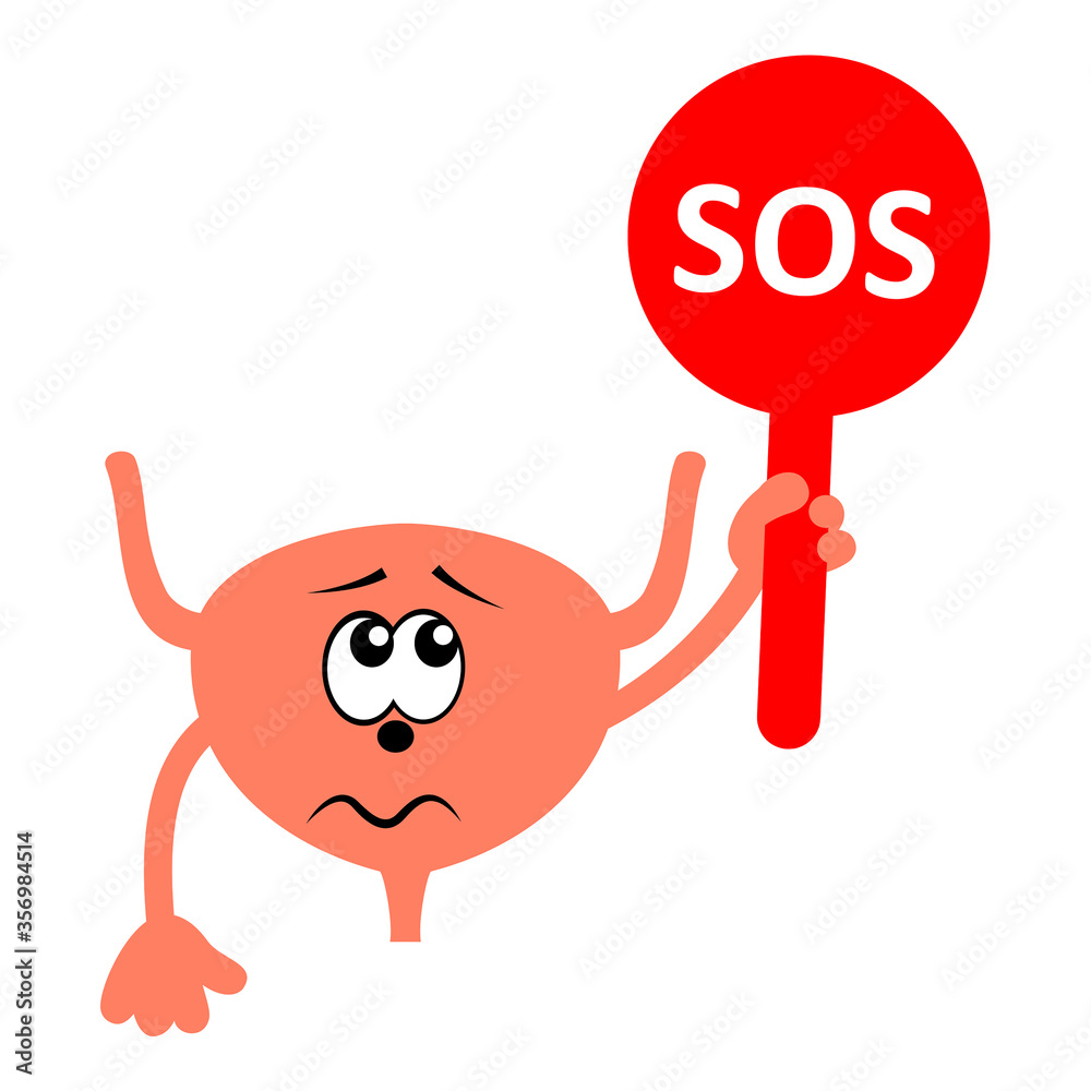 Cartoon character of sad and unhappy urinary bladder holding plate with ...